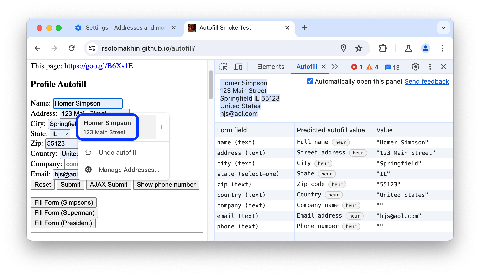 Tự động điền: Kiểm tra và gỡ lỗi địa chỉ đã lưu | Chrome DevTools | Chrome for Developers