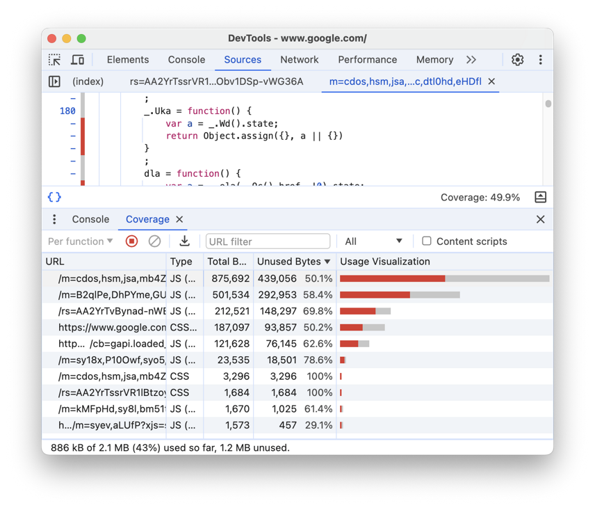 Cobertura: Busca JavaScript y CSS sin usar | Chrome DevTools | Chrome ...