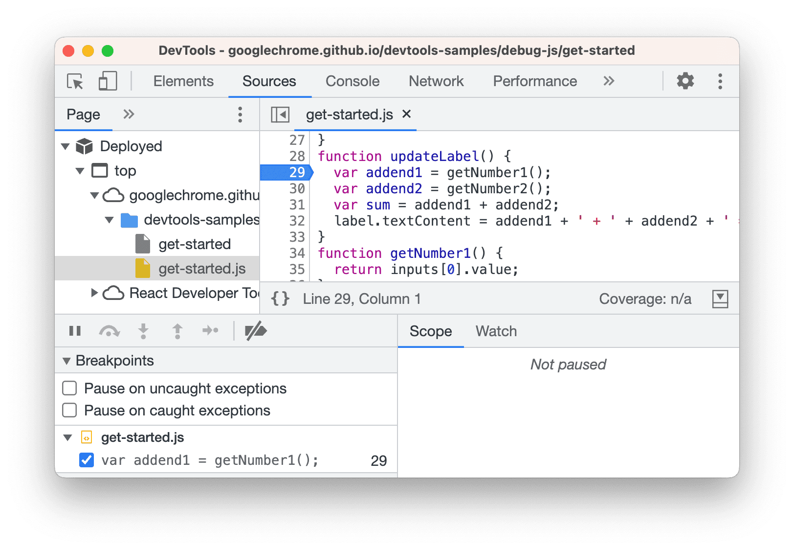 ブレークポイントでコードを一時停止する | Chrome DevTools | Chrome for Developers