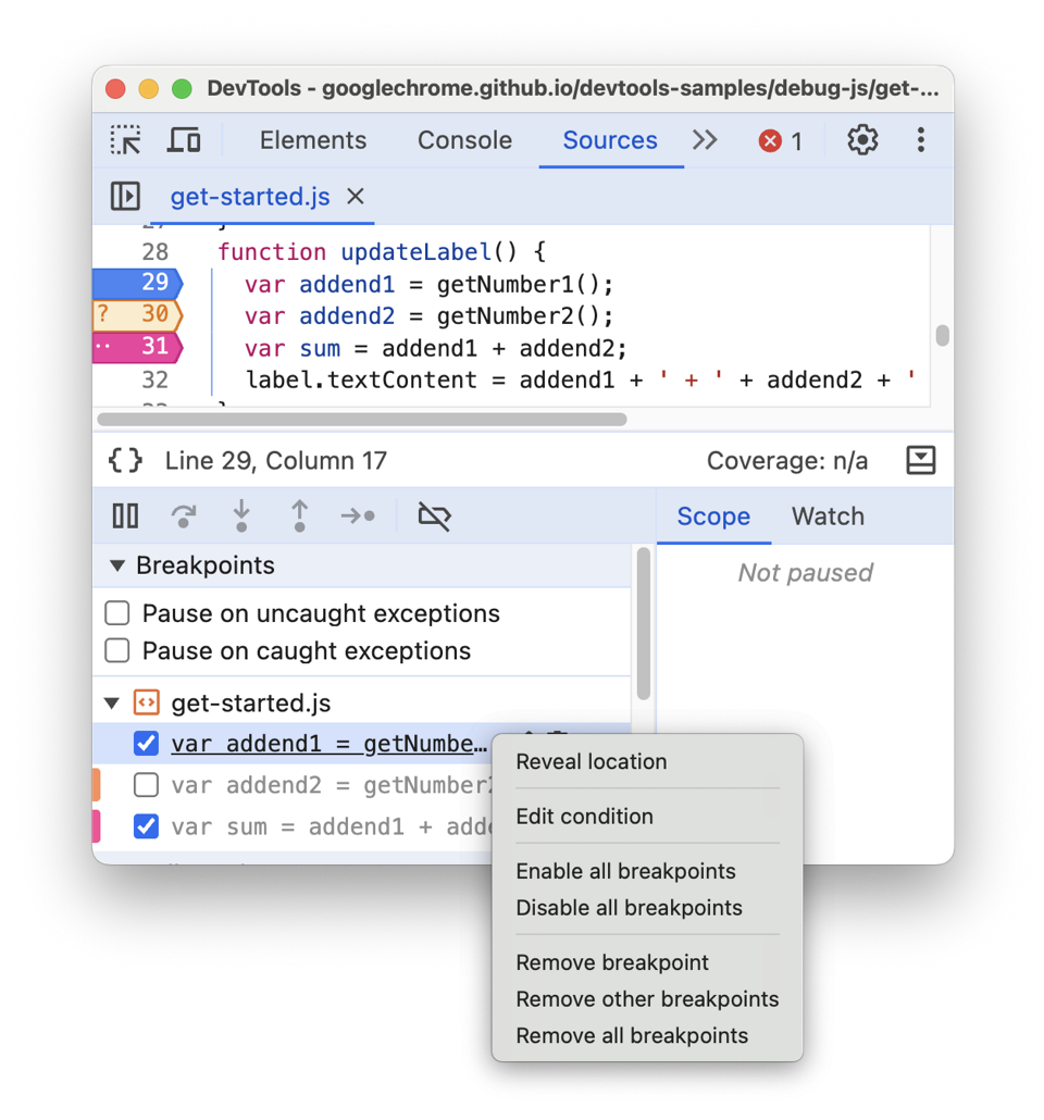 ブレークポイントでコードを一時停止する | Chrome DevTools | Chrome for Developers