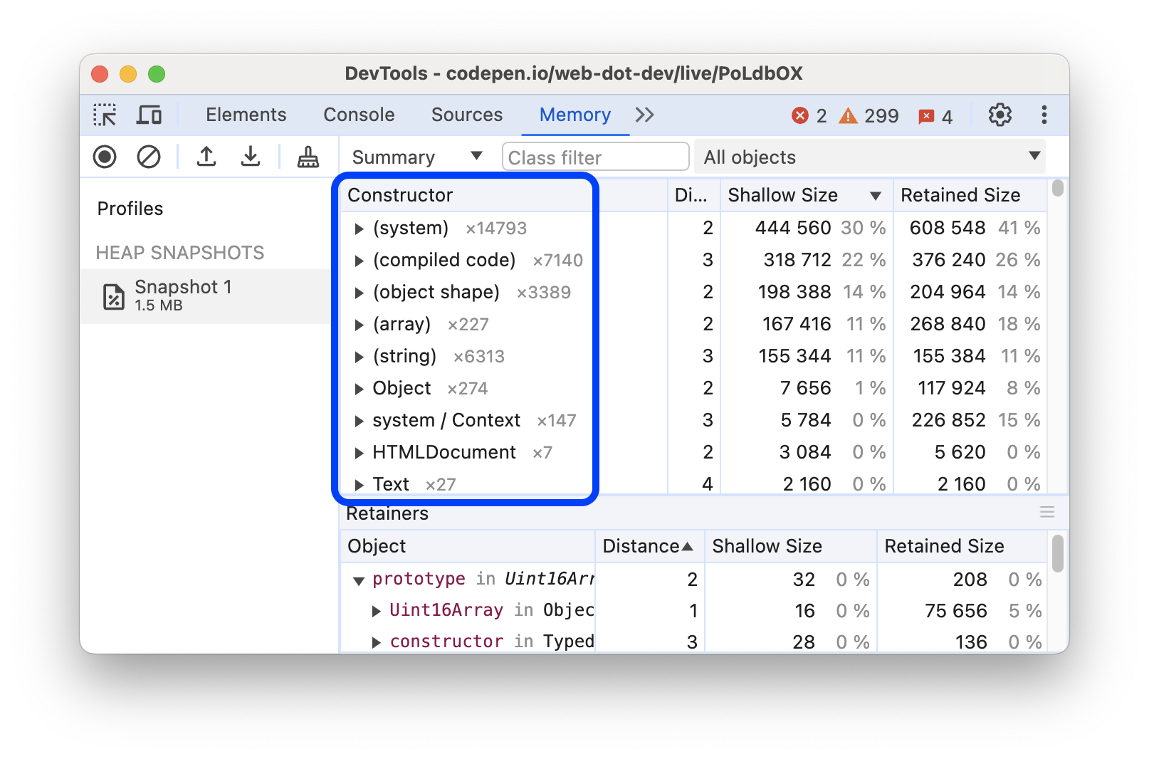 Gravar snapshots de heap | Chrome DevTools | Chrome for Developers
