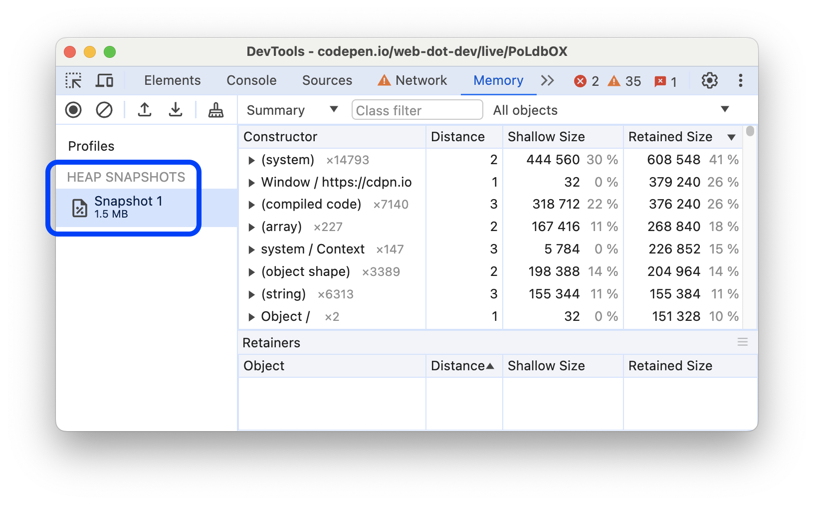 Gravar Snapshots De Heap Chrome Devtools Chrome For Developers