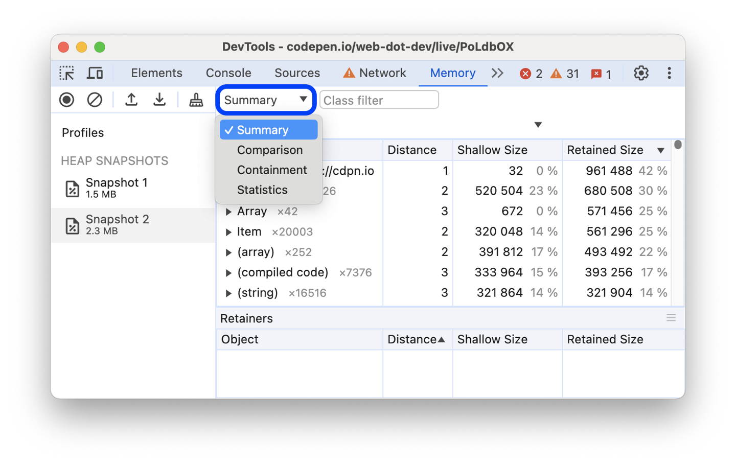 Record heap snapshots | Chrome DevTools | Chrome for Developers