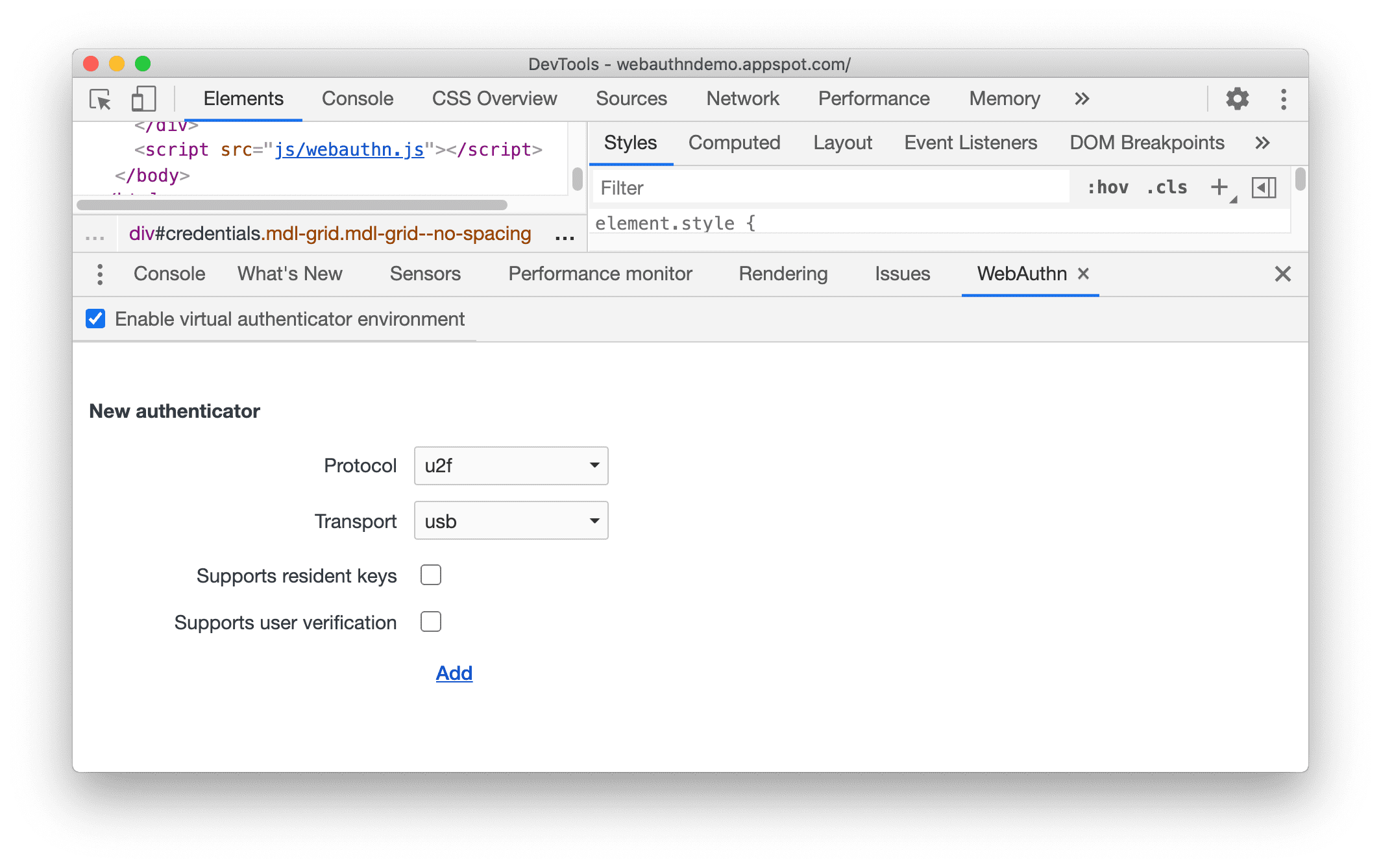 WebAuthn: Emulate authenticators | Chrome DevTools | Chrome for Developers