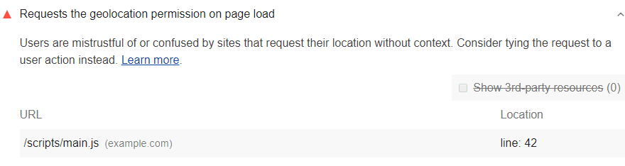 Requests the geolocation permission on page load | Lighthouse | Chrome for Developers