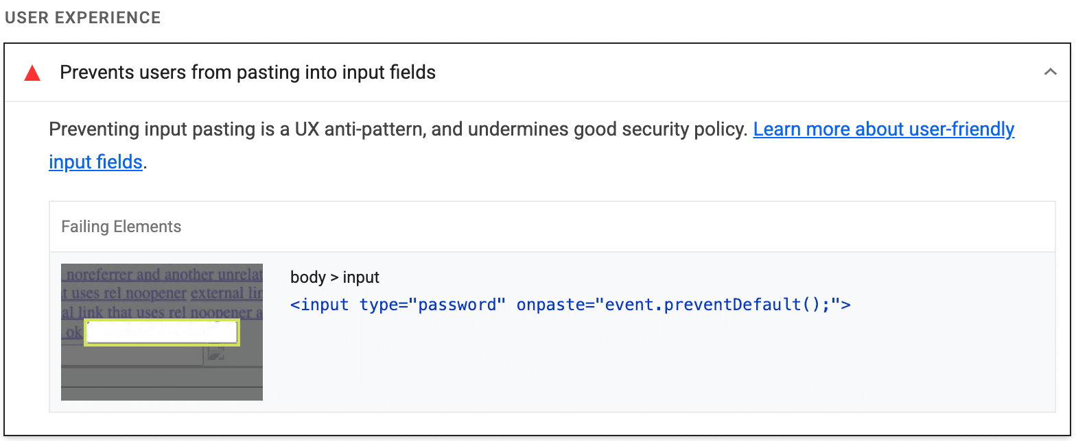 Prevents users from pasting into input fields | Lighthouse | Chrome for Developers