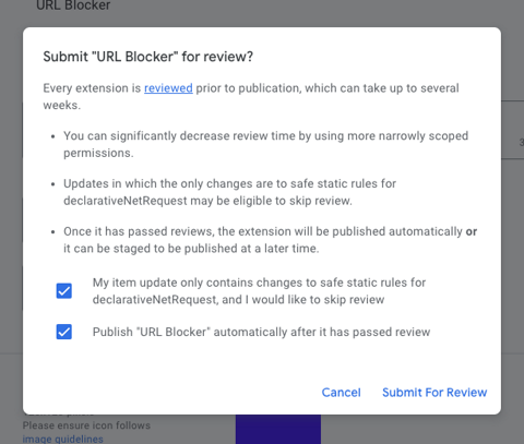 Skip review for eligible changes | Chrome Extensions | Chrome for Developers